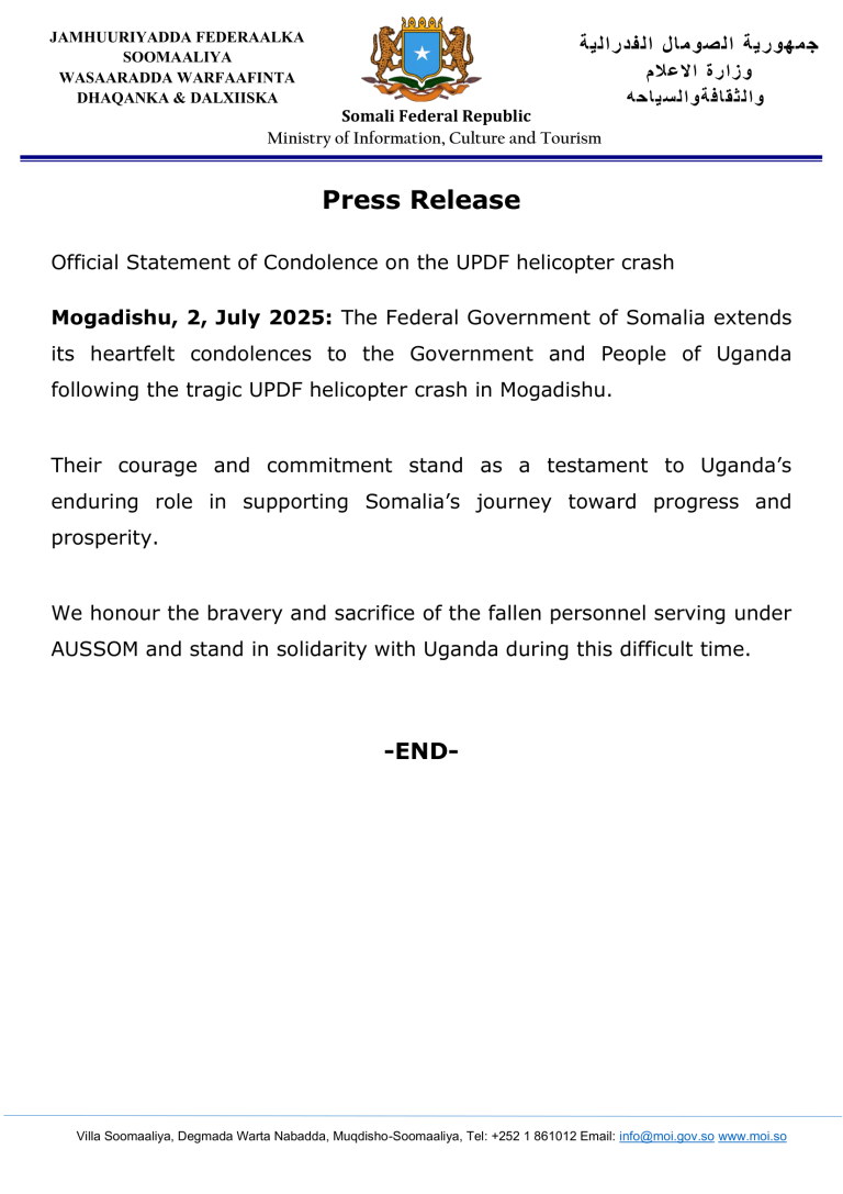 Press Release:Official Statement of Condolence on the UPDF helicopter crash - MoICT